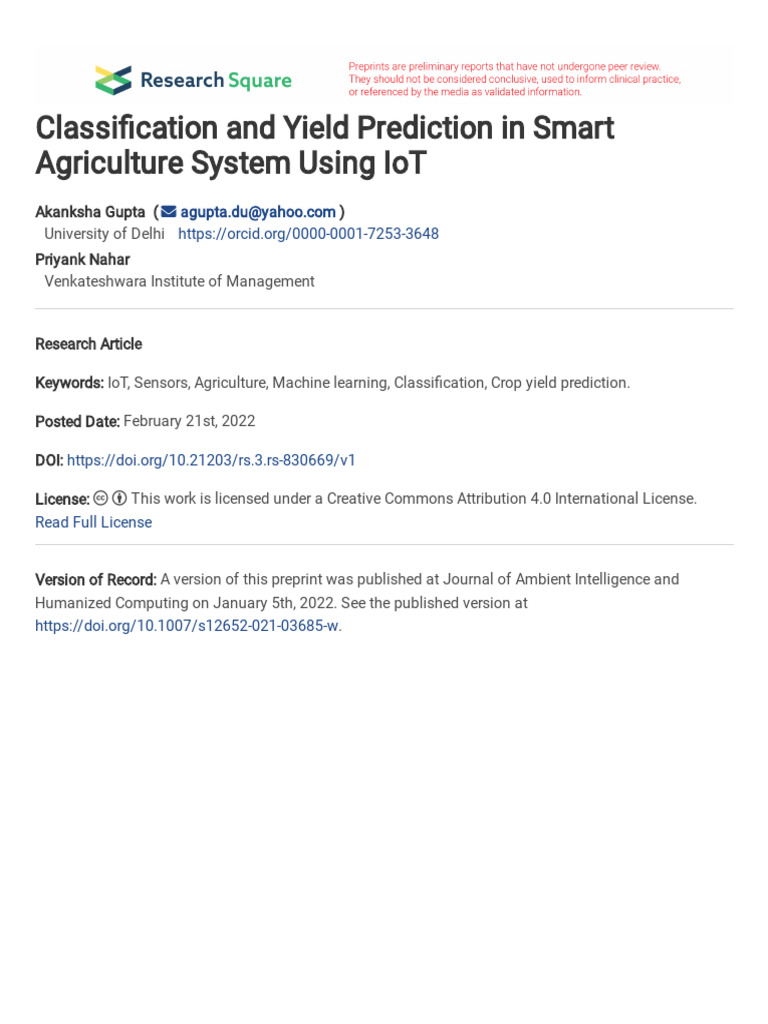 Classification and Yield Prediction in Smart Agriculture System Using Iot | PDF | Machine ...