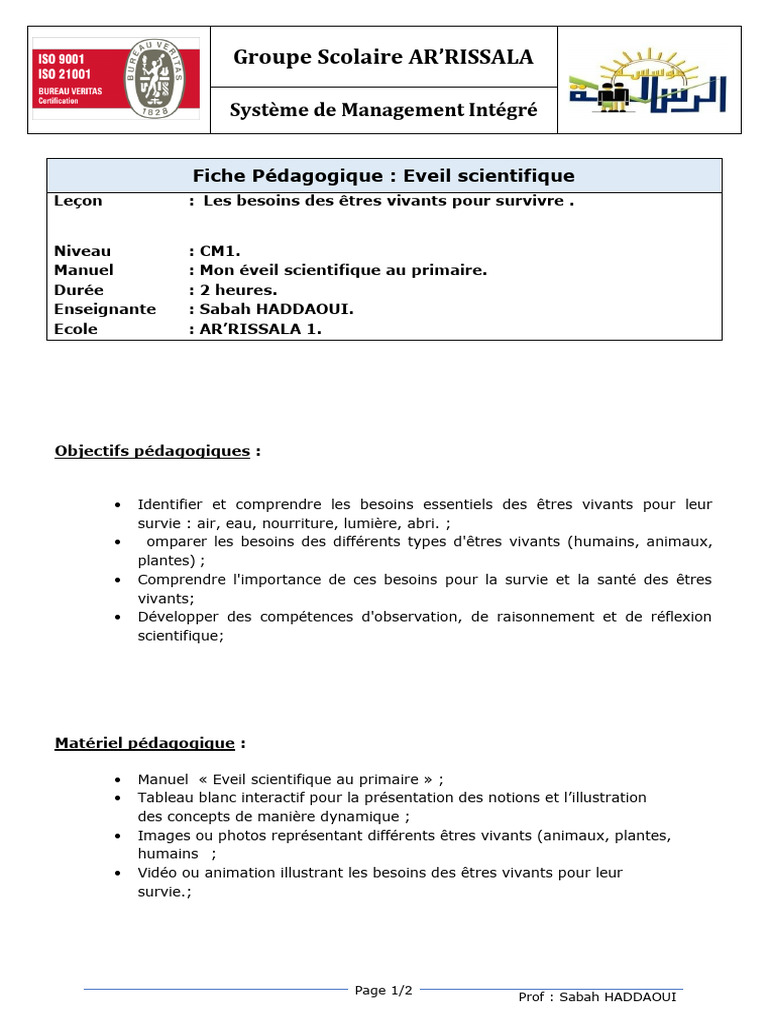 Besoins des êtres vivants en CM1 | PDF | Pédagogie | Vie