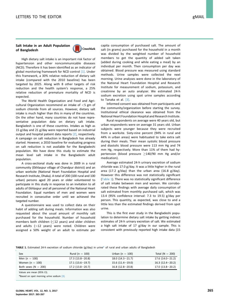 Global Health, 2017. Salt Intake in An Adult Population of Bangladesh ...