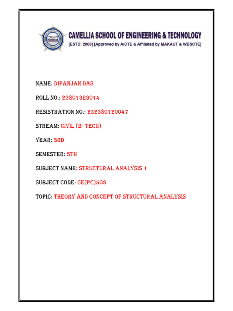 DIPANJAN DAS - 23801323014 - CA2 - CE (PC) 503 - Structural Analysis 1 | PDF | Structural ...