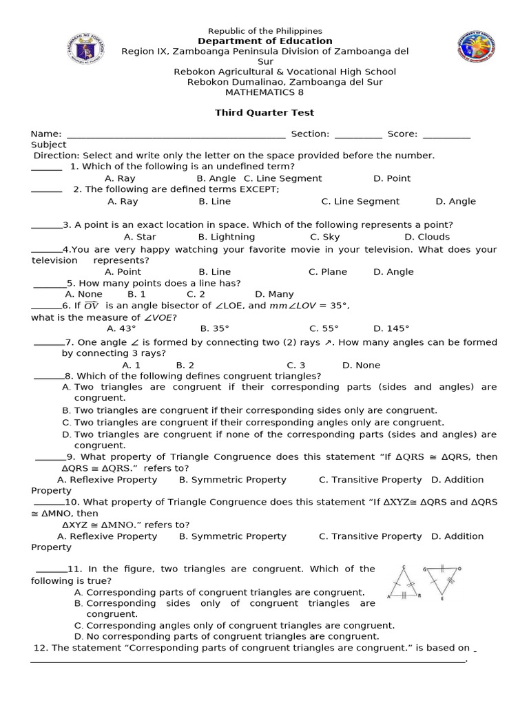 MATH 8 Q3 | PDF | Elementary Mathematics | Euclidean Geometry