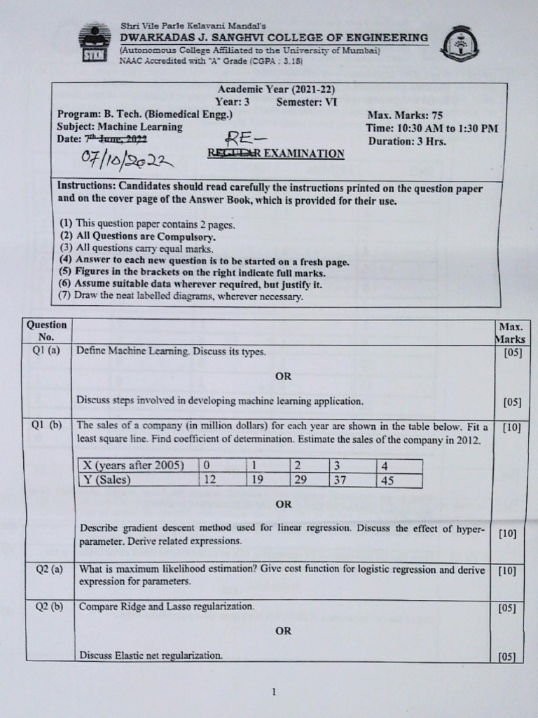 B.Tech. (Biomedical Engg.) Machine Learning SEM VI Cropped | PDF