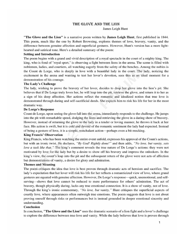 THE GLOVE AND THE LION Literary Device | PDF | Courage | Love