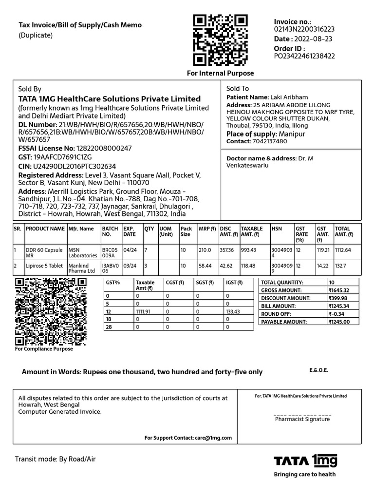 Tax Invoice from TATA 1MG Healthcare | PDF | Economies | Economy Of India