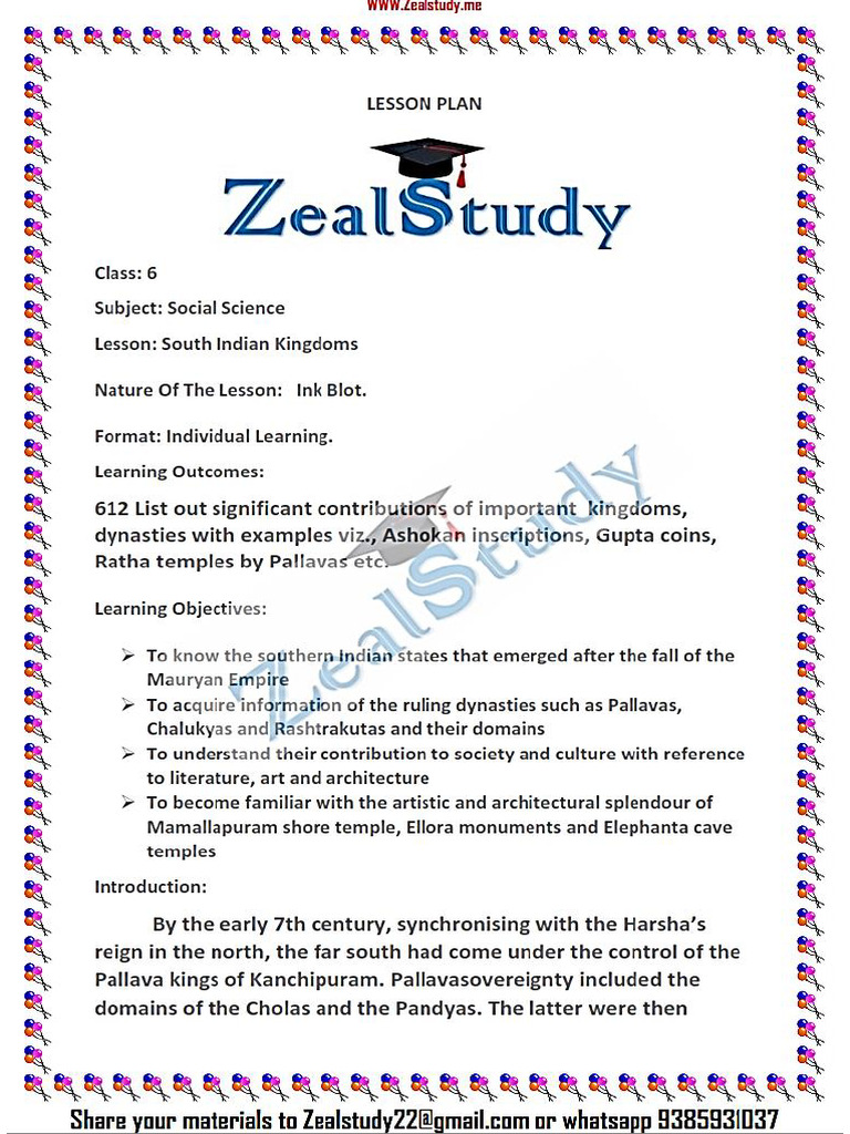 6th STD Lesson Plan South Indian Kingdoms | PDF