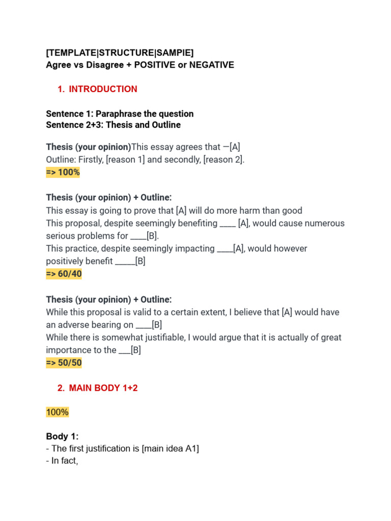 (TEMPLATE - STRUCTURE - SAMPlE) Agree Vs Disagree + POSITIVE or ...