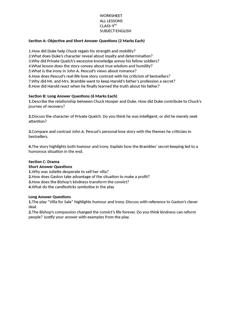 Class 9 English Worksheet Overview | PDF