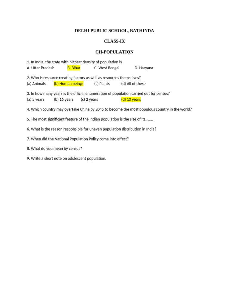 Class IX Population Study Guide | PDF