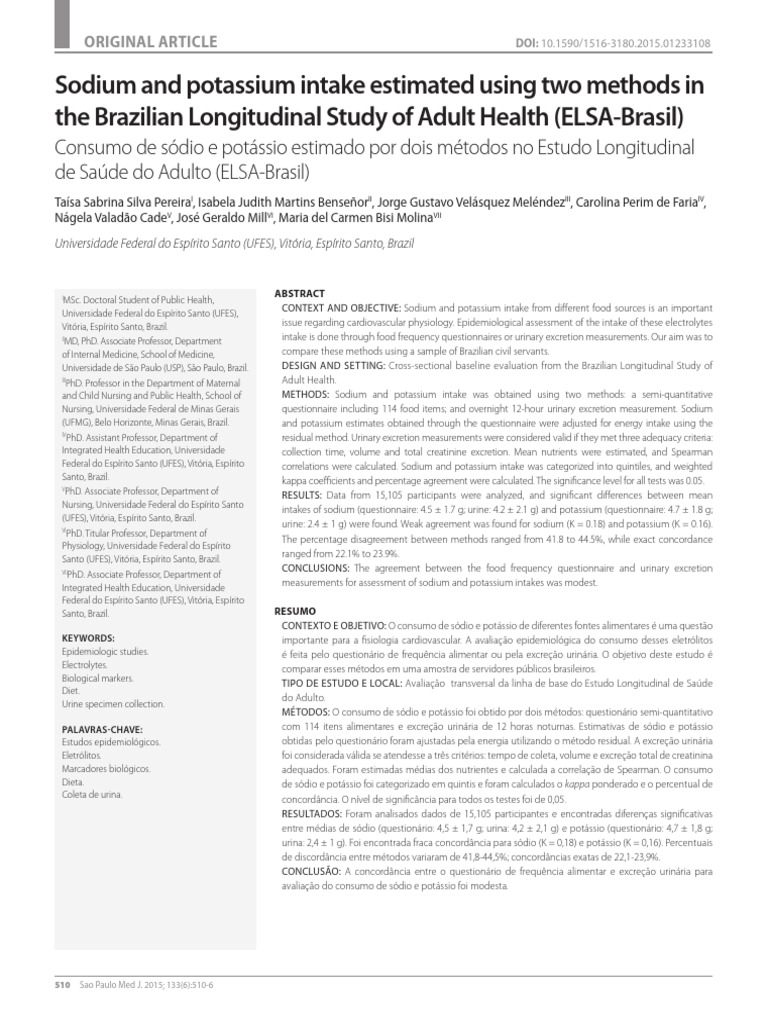 Pereira, 2015. Sodium and Potassium Intake Estimated Using Two Methods ...