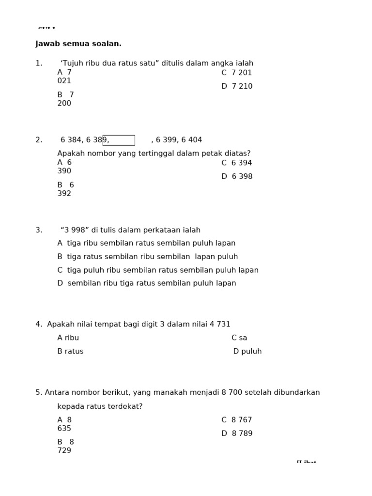 Soalan Peperiksaan Matematik Tahun 6 Pendidikan Khas Masalah Pembelajaran | PDF