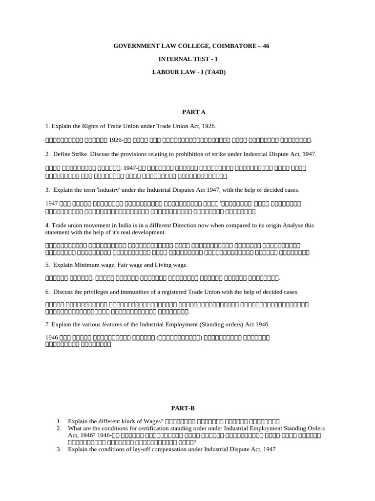 Question Bank - Labour Law - I | PDF