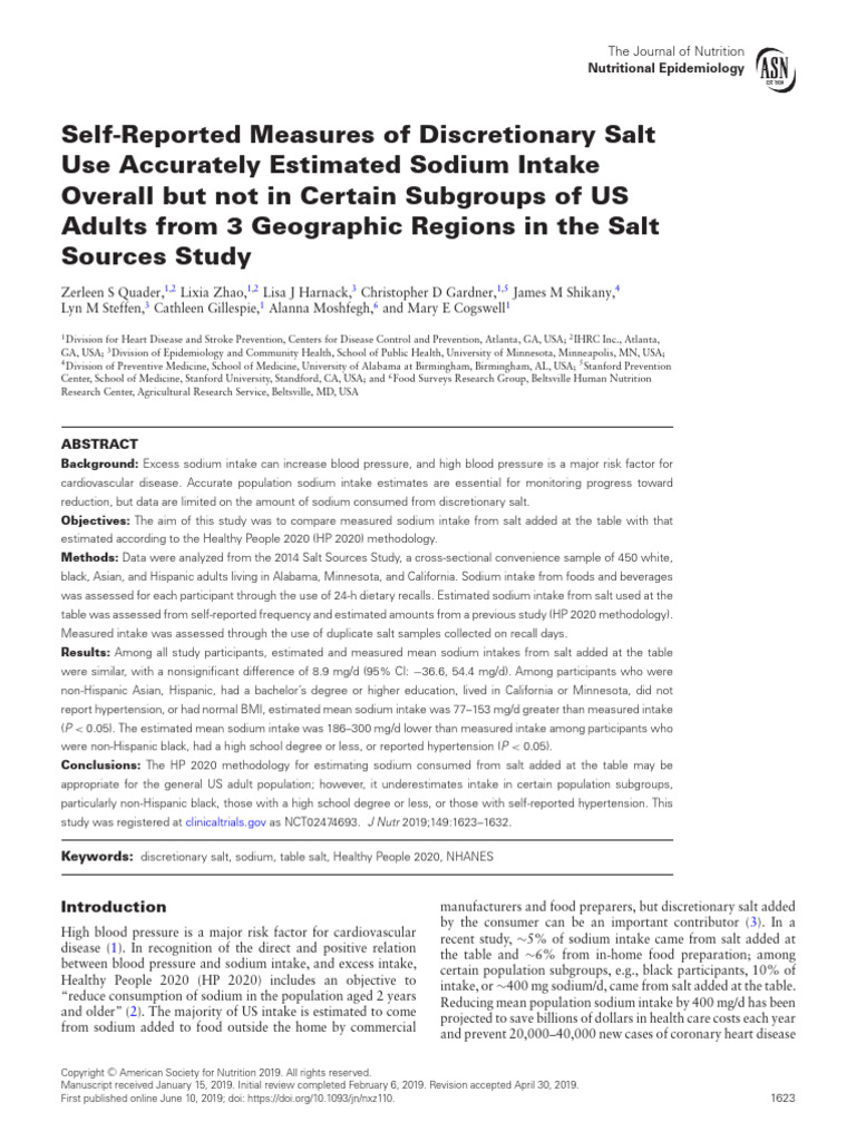 Quader, 2019. Self-Reported Measures of Discretionary Salt | PDF | Salt ...