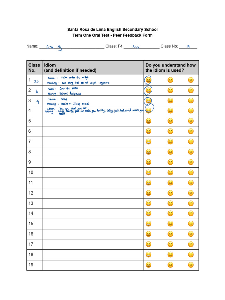 Term 1 Oral Test - Peer Feedback Form | PDF