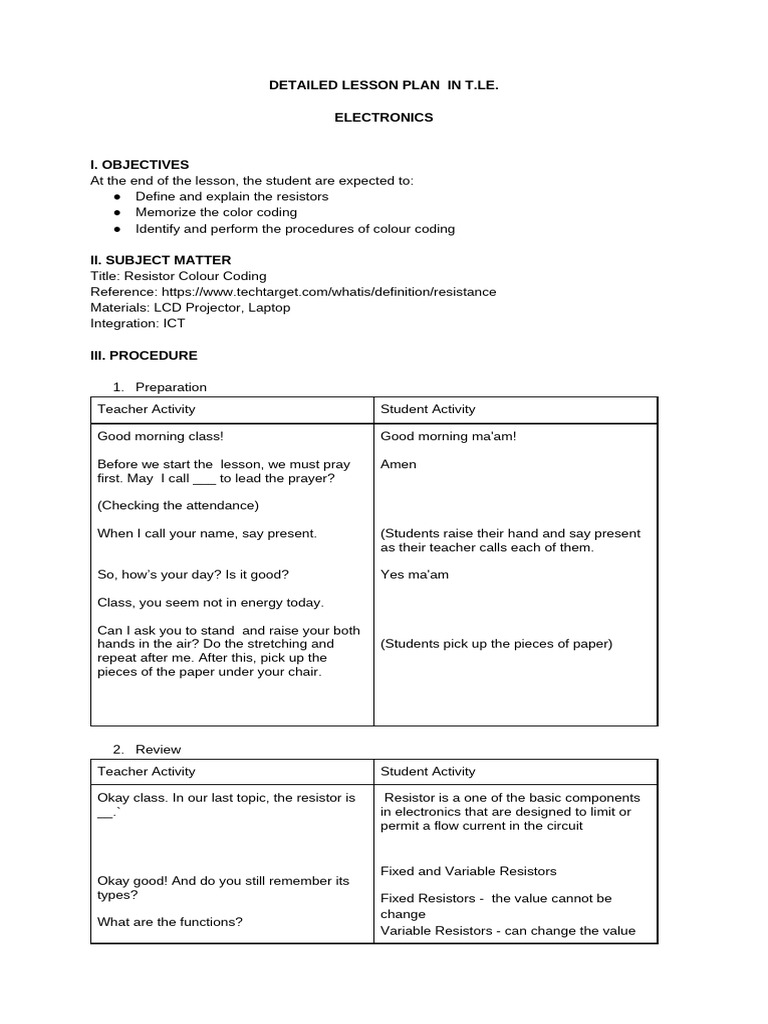 DETAILED LESSON PLAN - Resistor Colour Coding | PDF | Resistor ...
