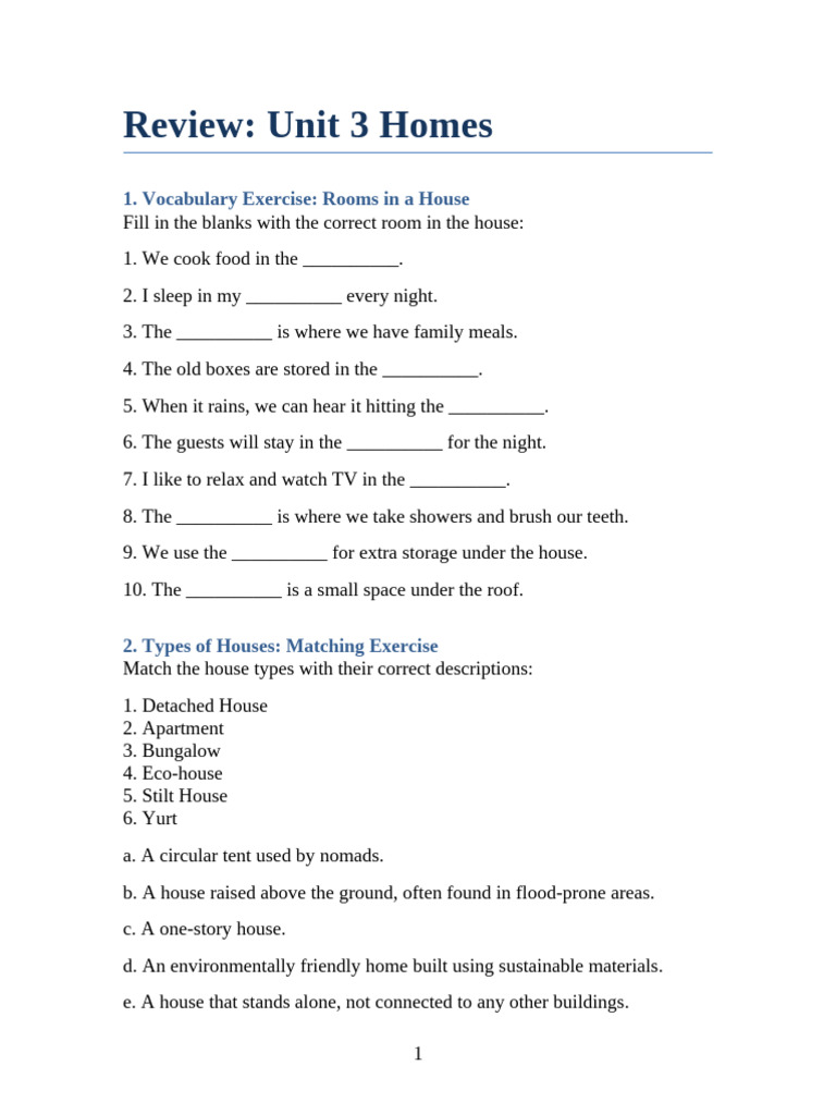 Expanded ESL Exercises Unit 3 Homes | PDF