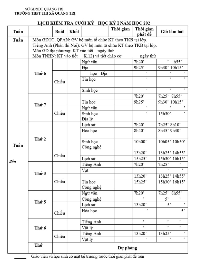 Lịch Kiểm Tra Cuối Kỳ - Hki 2024-2025 | PDF