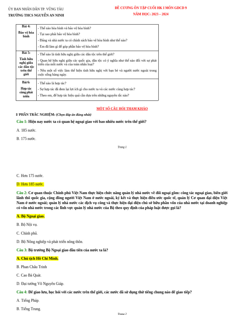 ĐỀ CƯƠNG GDCD 9-HK1 | PDF