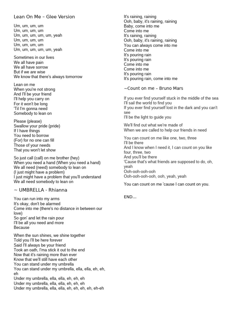 Lean On Me~Umbrella~Count On Me Lyrics | PDF