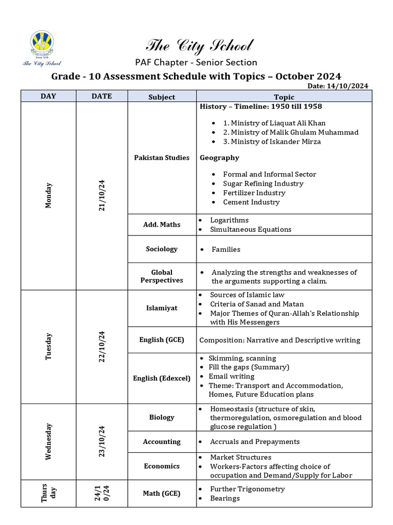 Assessment Topics - October 2024 (Grade 10) | PDF