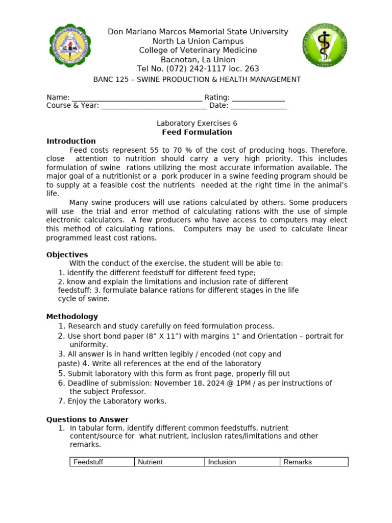 Banc 125-Lab. Ex. 6-Feed Formulation-'24 | PDF | Nutrients | Animal Feed