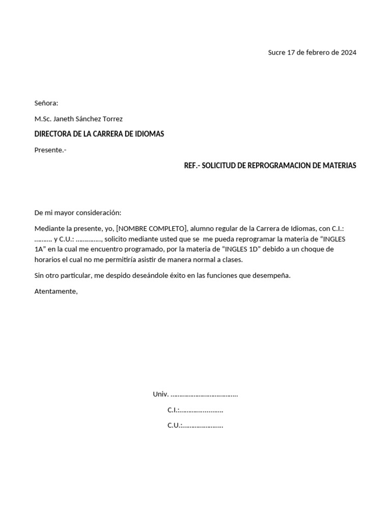 CARTA PARA Reprogramacion | PDF