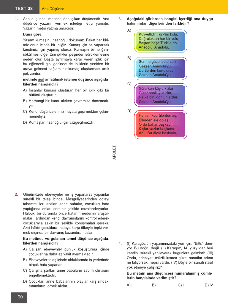 Apolet Yayinlari 7.sinif 17.hafta Türkçe Ödevi̇ Test 38-39-40 | PDF