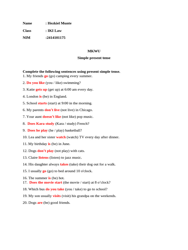 Hezkiel Munte Simple Present Tense Task | PDF