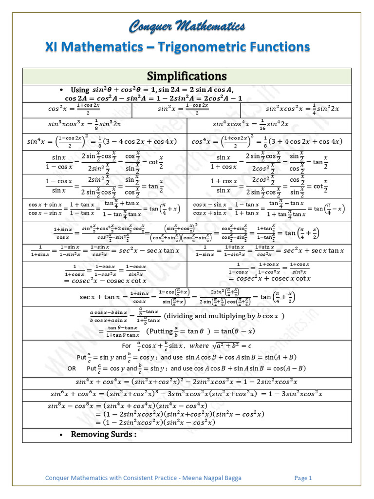 XI & XII - Simplification Trigonometric Functions | PDF | Functions And ...