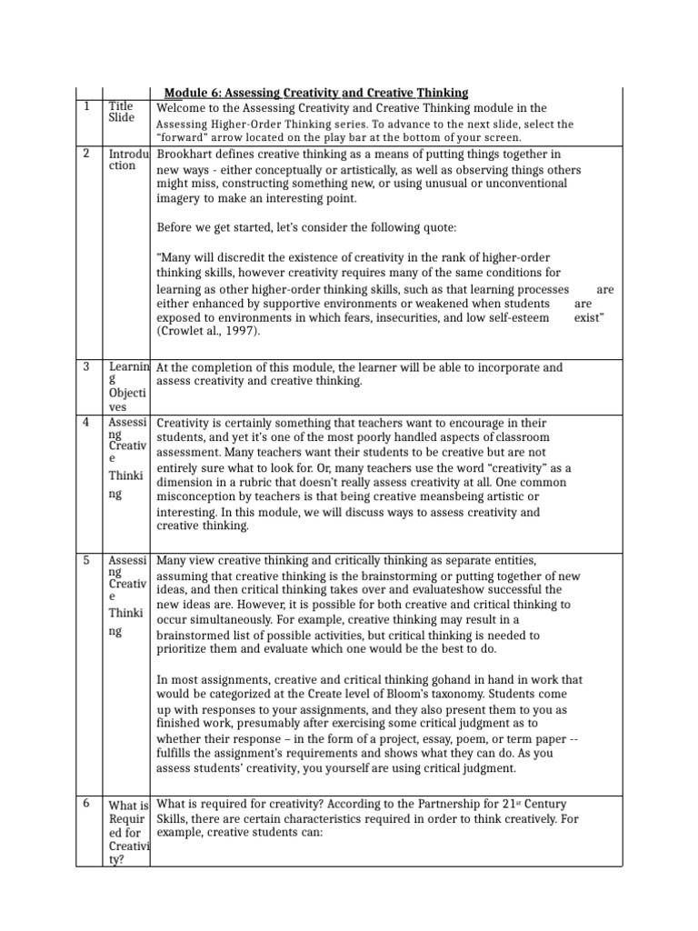 Assessing Creativity and Creative Thinking Script | PDF | Creativity ...