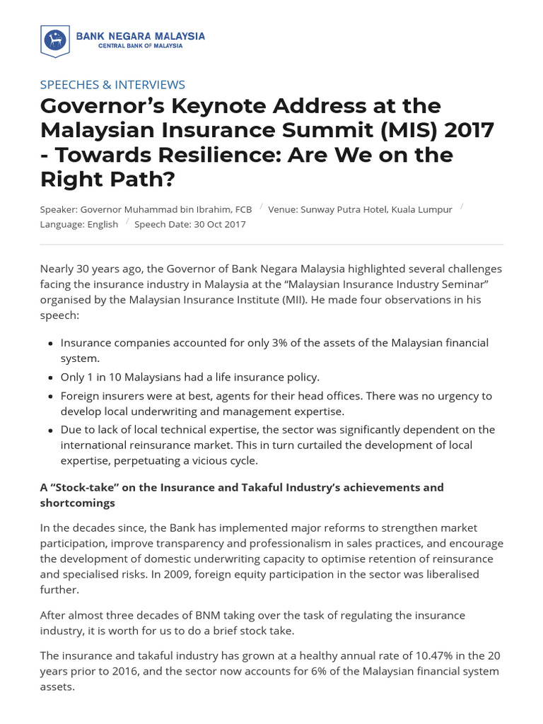 BNM Governor On Insurance Industry | PDF | Insurance | Cheque