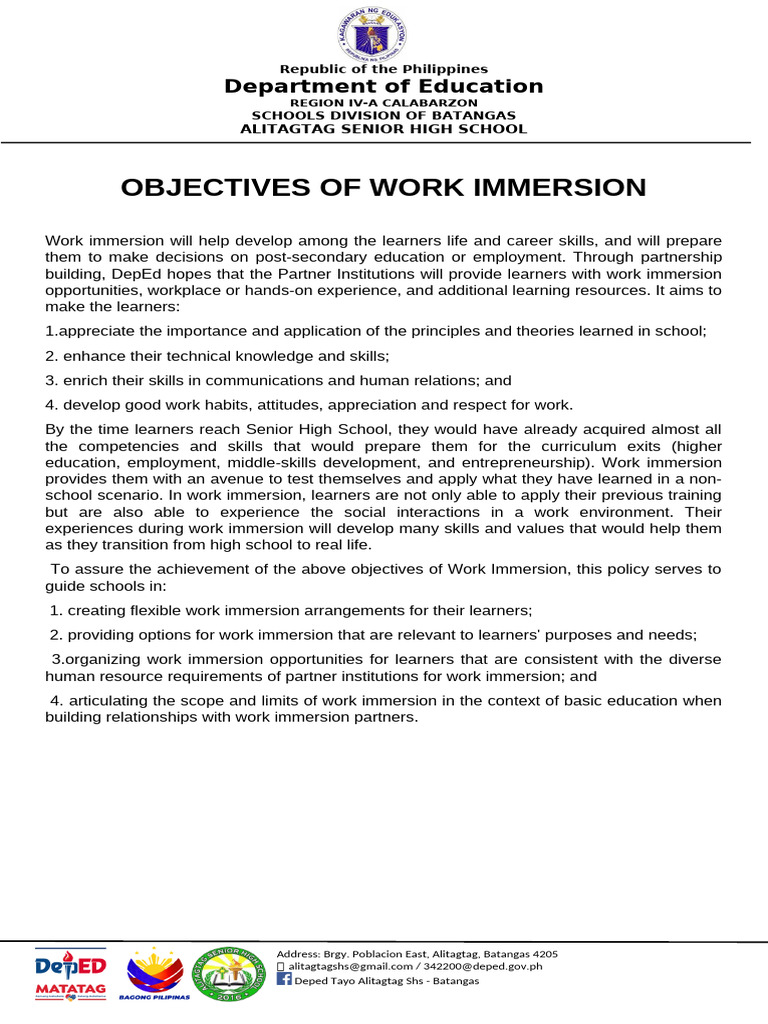 Objectives of Work Immersion | PDF | Learning | Intelligence