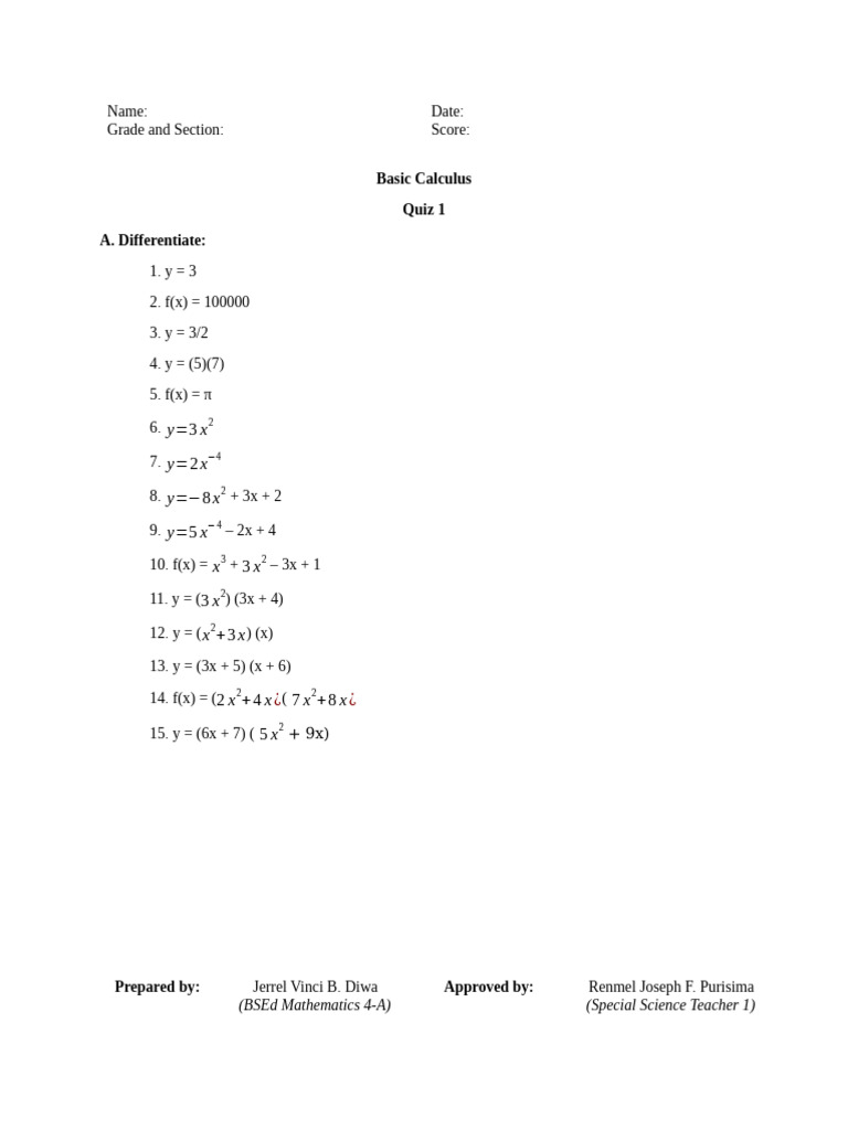 Quiz 1 Derivatives | PDF