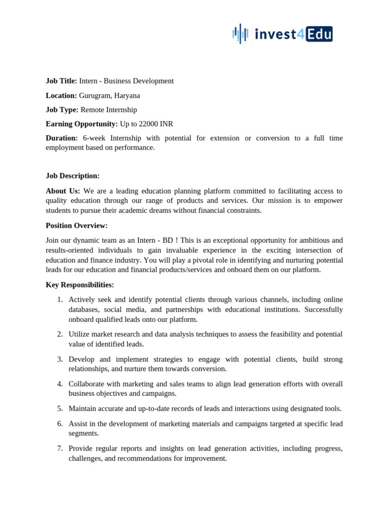 Invest4Edu Business Development Internship | PDF | Marketing | Internship
