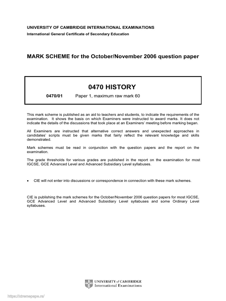 0470 HISTORY: MARK SCHEME For The October/November 2006 Question Paper ...