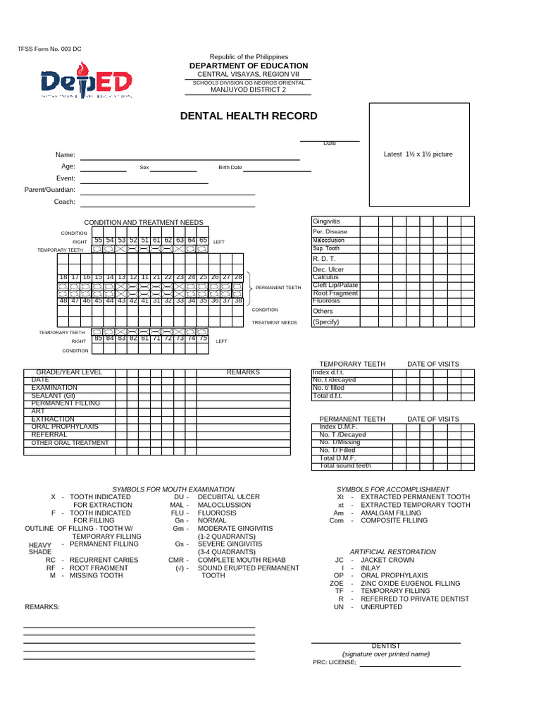 Dental Health Record Form TFSS 003 DC | PDF | Mouth | Health Sciences