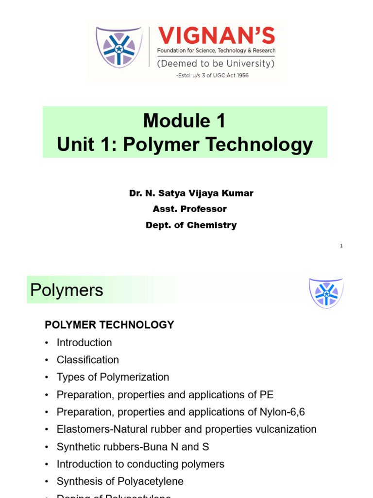 24CT104 Module 1 Unit 1 Polymer Technology | PDF | Polymerization | Polyethylene