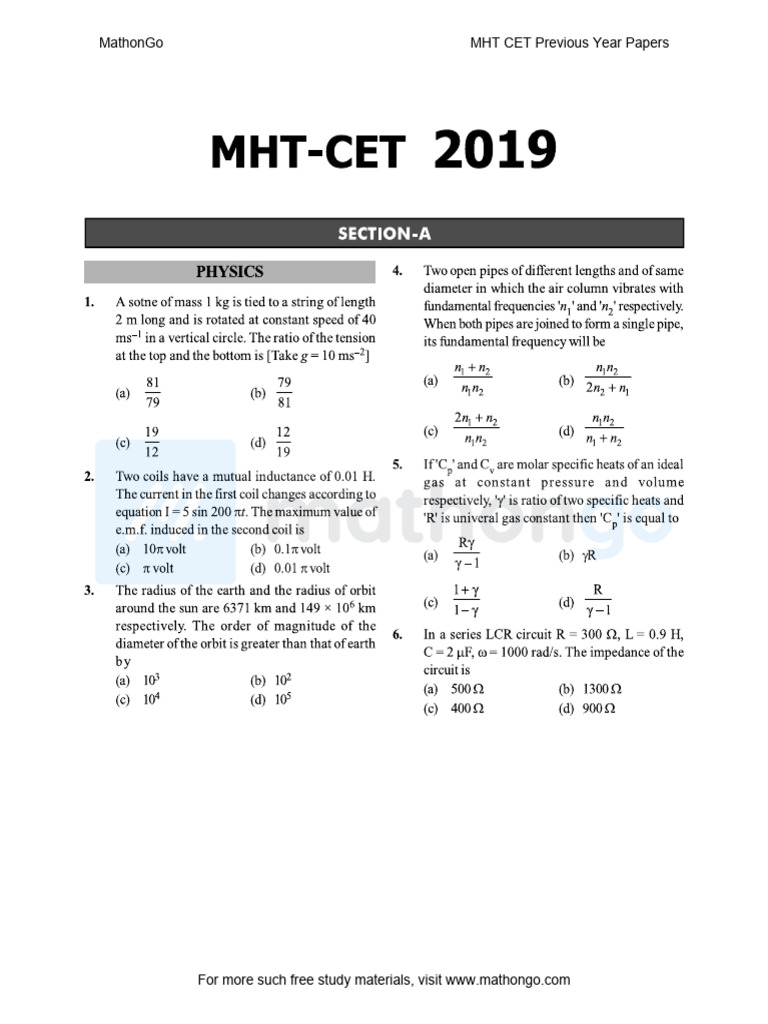 MHT CET 2019 Previous Year Paper | PDF