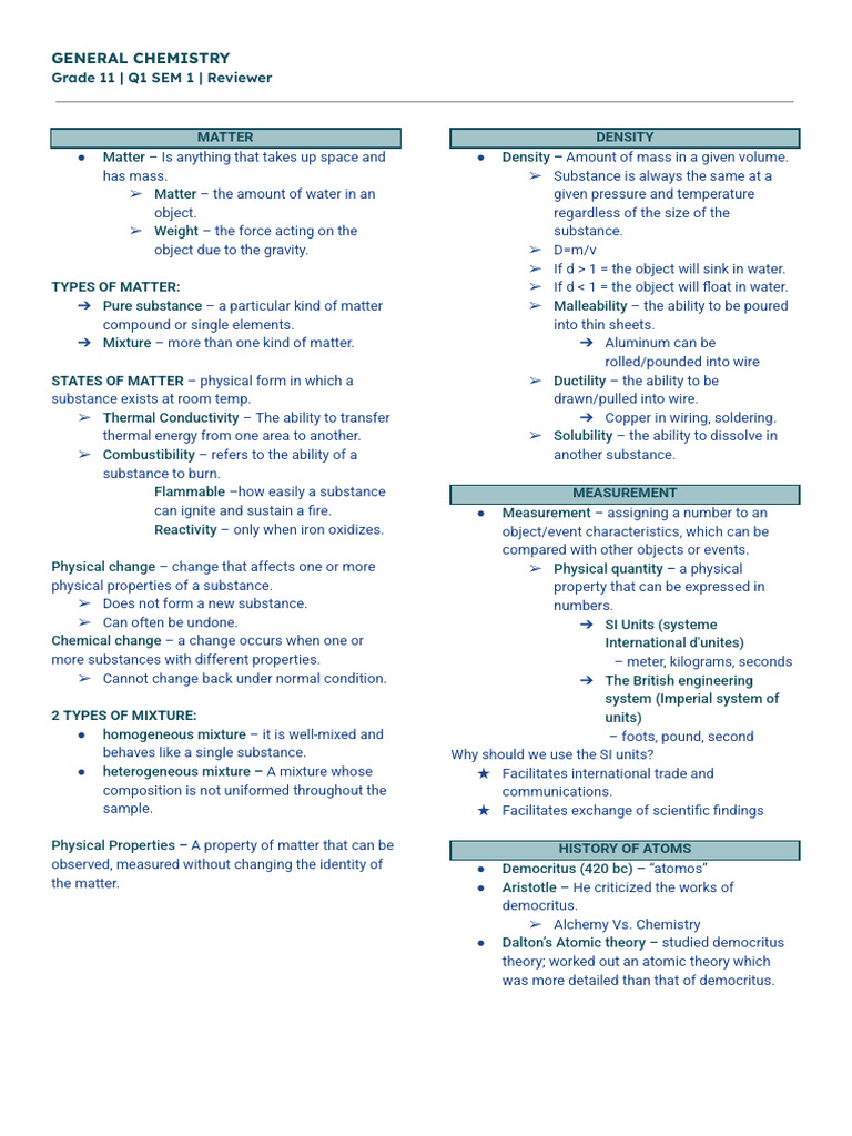Transes Reviewer For General Chemistry - Q1 SEM 1 | PDF | Density | Matter