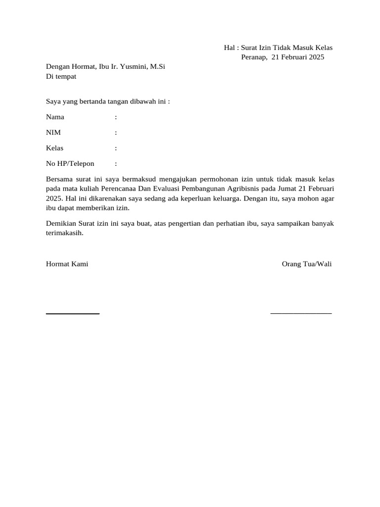 Surat Izin Tidak Masuk Kelas | PDF