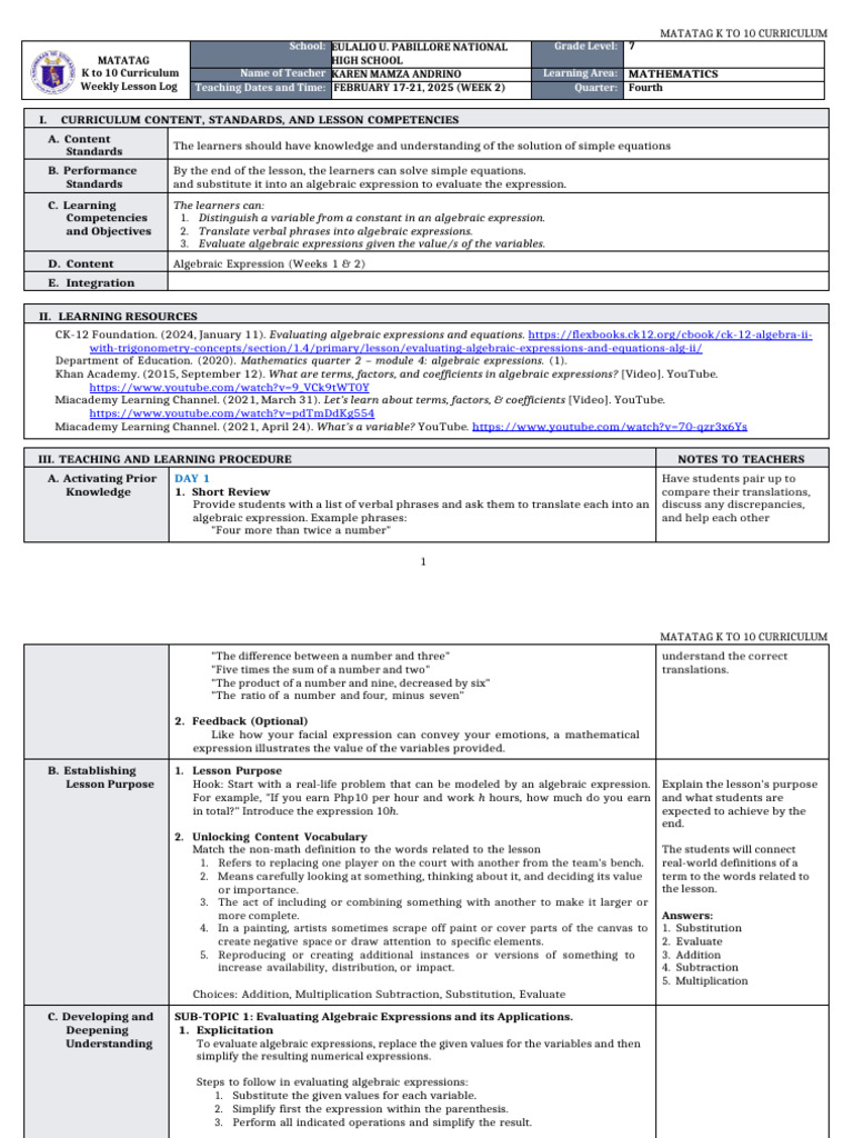 DLL Matatag - Mathematics 7 Q4 W2 | PDF | Multiplication | Learning