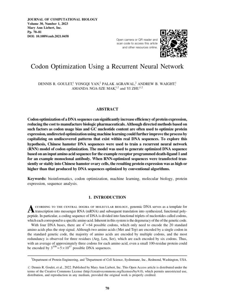 Goulet Et Al 2023 Codon Optimization Using A Recurrent Neural Network | PDF | Genetic Code ...