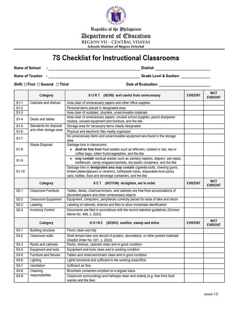 Instructional Classrooms - 7S Checklist - Version 1.0 | PDF | Waste