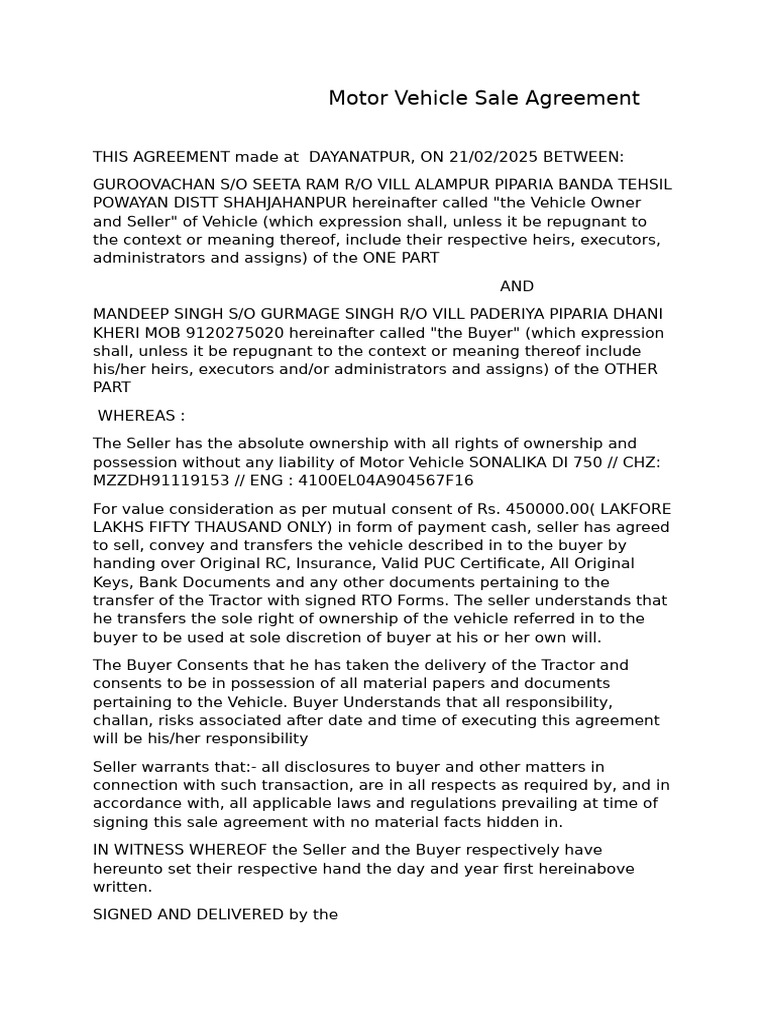 Motor Vehicle Sale Agreement | PDF