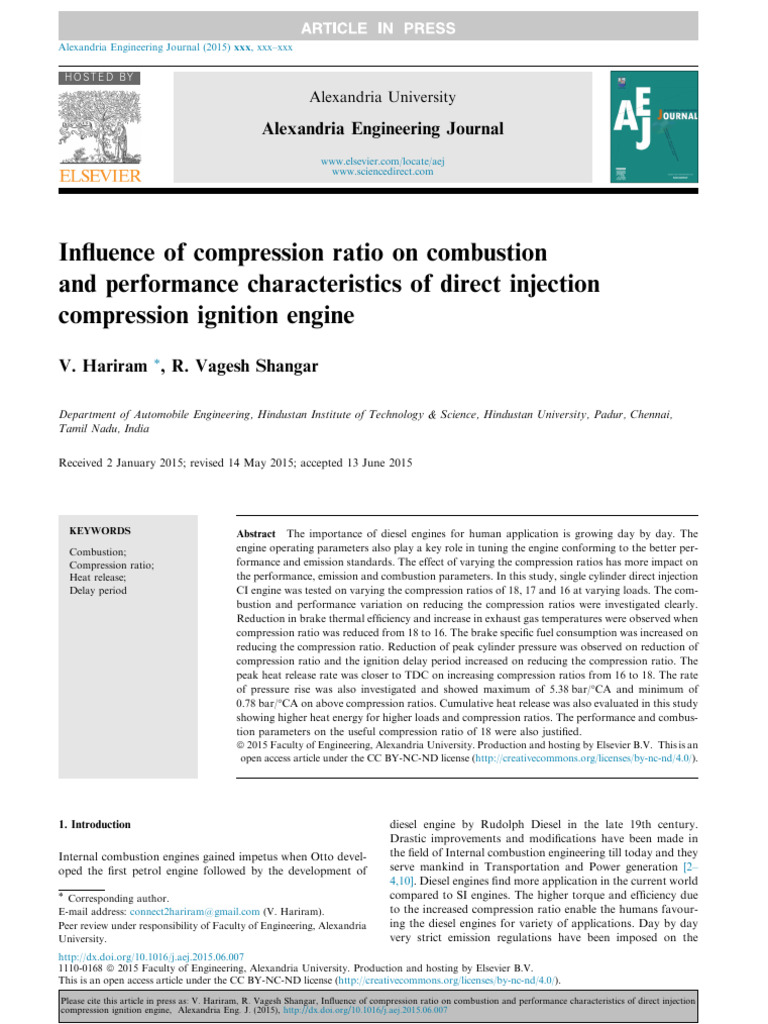 Influence Of Compression Ratio On Combustion And Performance Characteristics Of Direct Injection