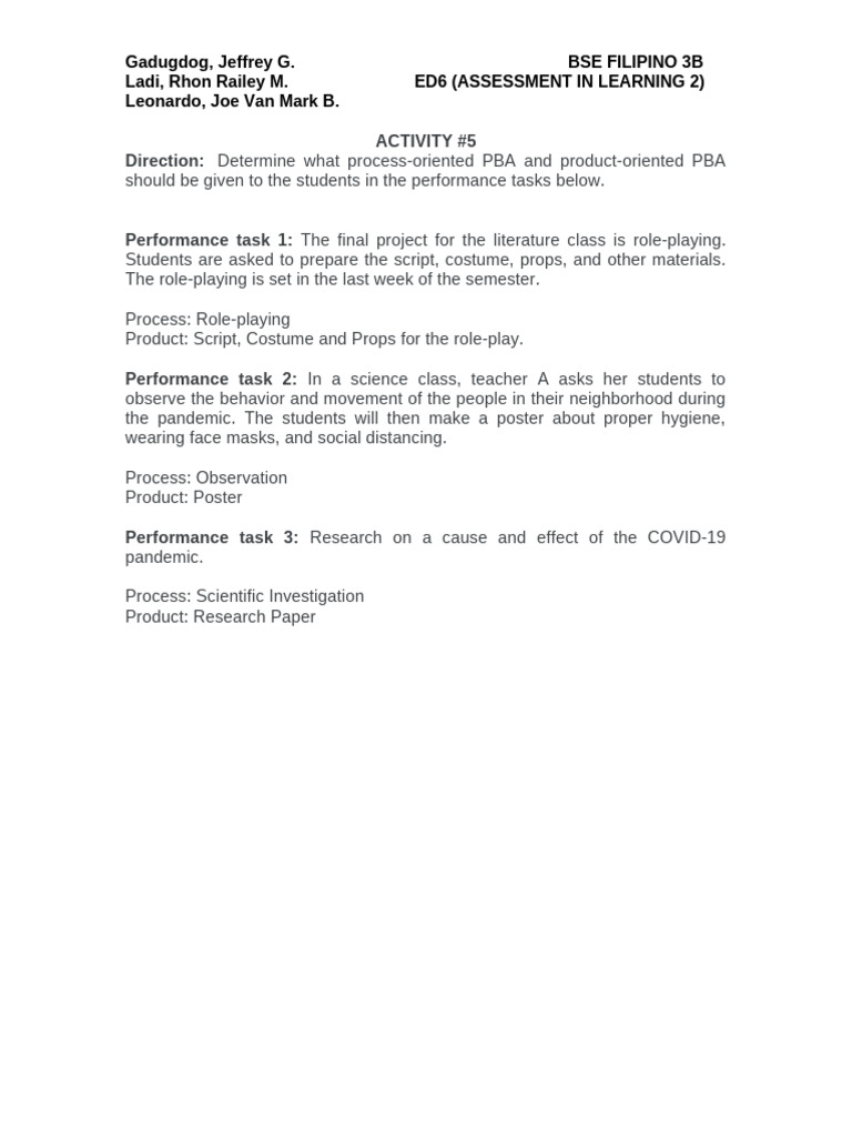 Activity 5 Process and Product Oriented Performance Based Assessment | PDF