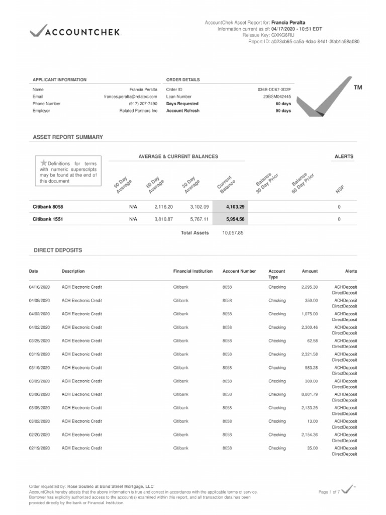 Assets - Bank Statement #1 - Borrower | PDF
