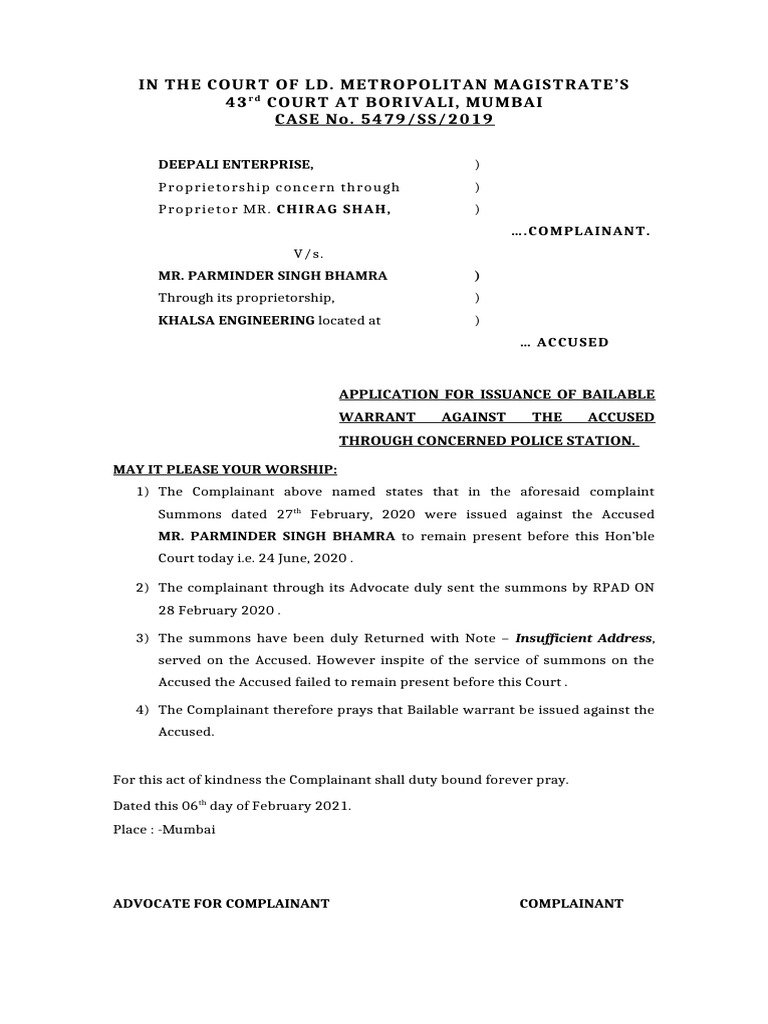 138 Deepali Bailable Warant Application | PDF