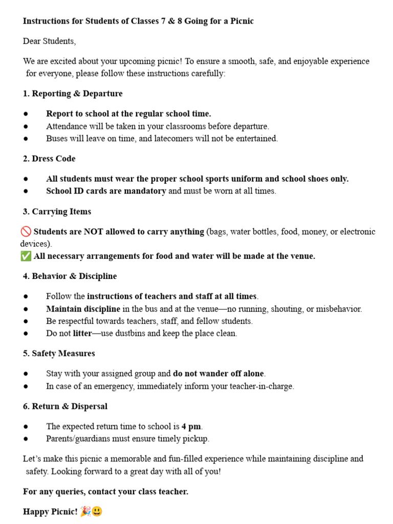 Instructions For Students of Classes 7 & 8 Going For A Picnic | PDF