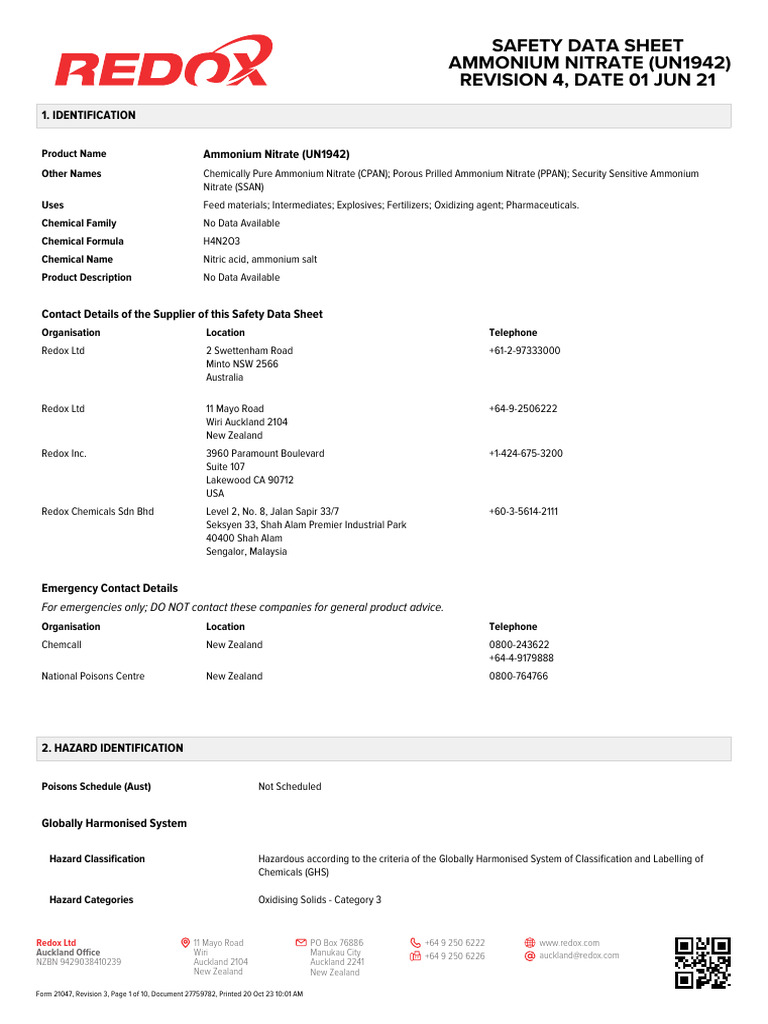 Ammonium Nitrate (Redox) SDS | PDF | Occupational Safety And Health ...