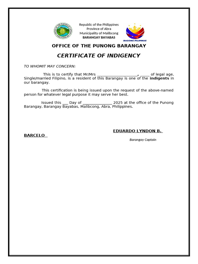 Certificate of Indigency 1 | PDF